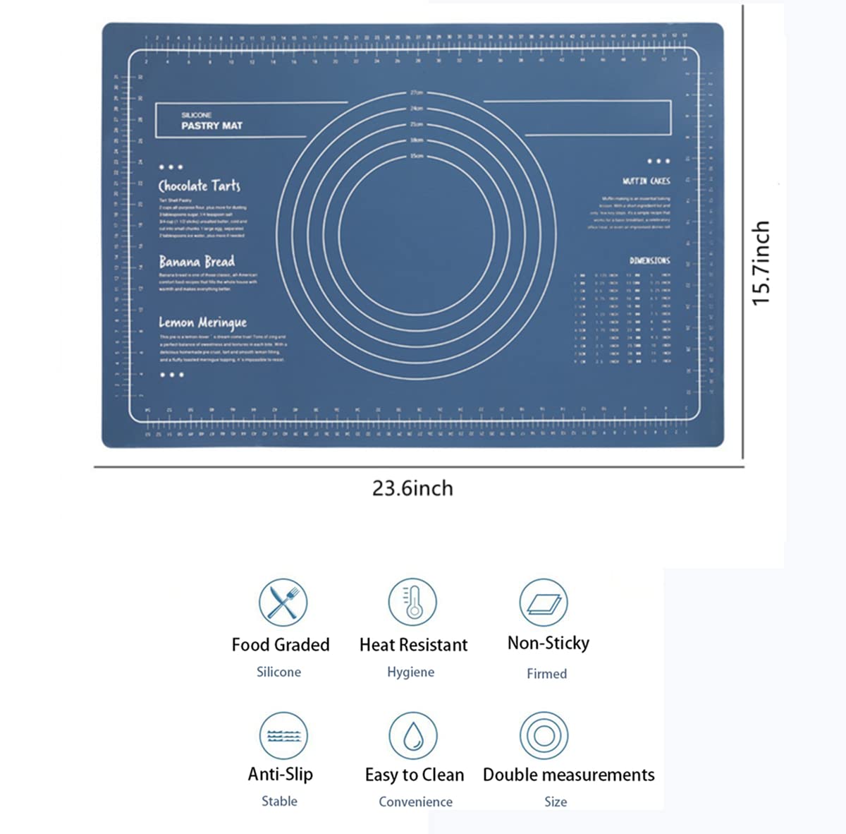 Baking Mats,Silicone Pastry Mat,Silicone Baking Mat for Pastry Rolling Dough with Measurements, BPA Free Non stick and Non Slip Blue Table Sheet Baking Supplies for Bake Pizza Cake