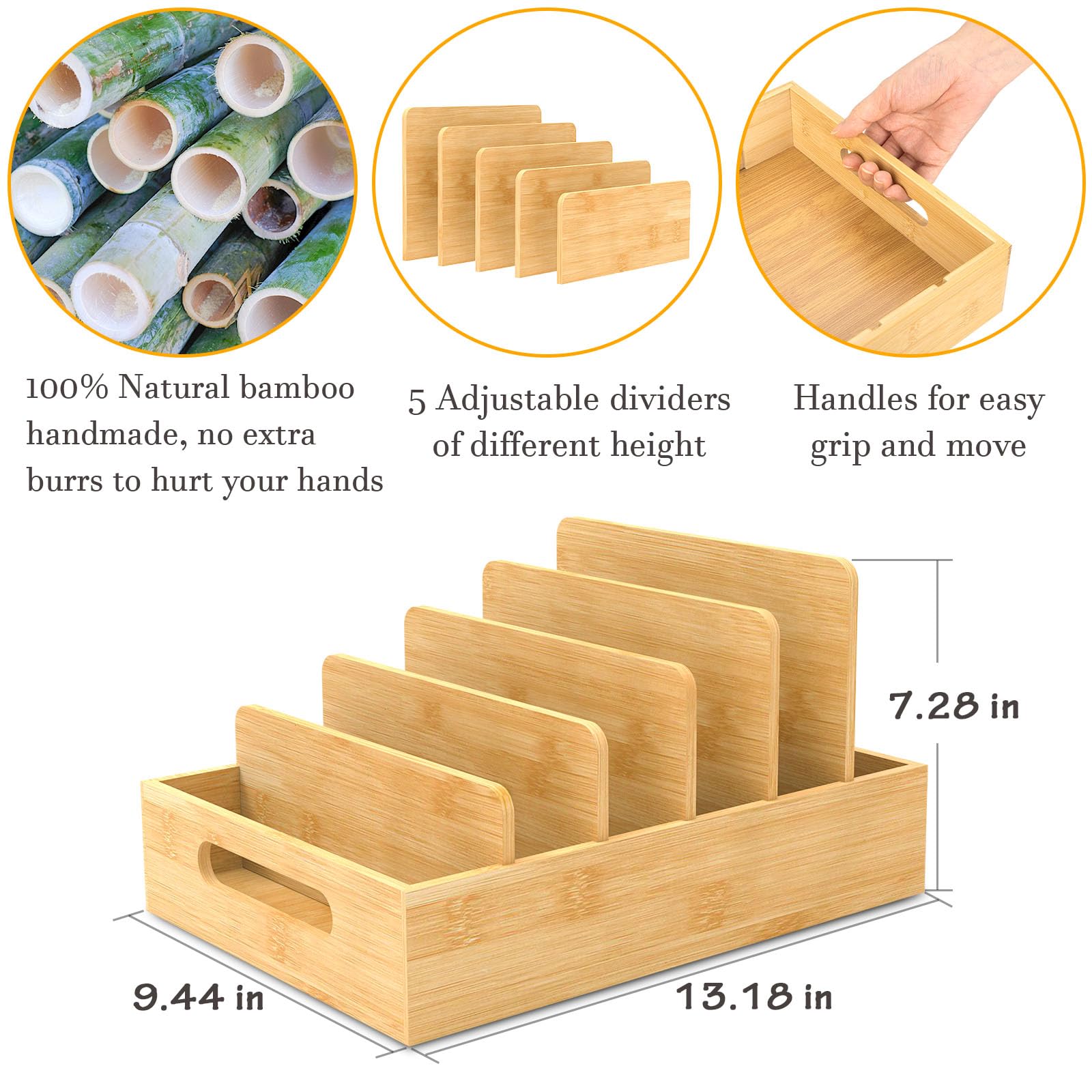 Retro Shaw Bamboo Food Container Lid Organizer for Cabinet & Drawer,Kitchen Cabinet Organizer with 5 Adjustable Dividers for Plastic Lid Storage and Holder,Fit for Kitchen,Home,RVs,Campers,Pantry etc