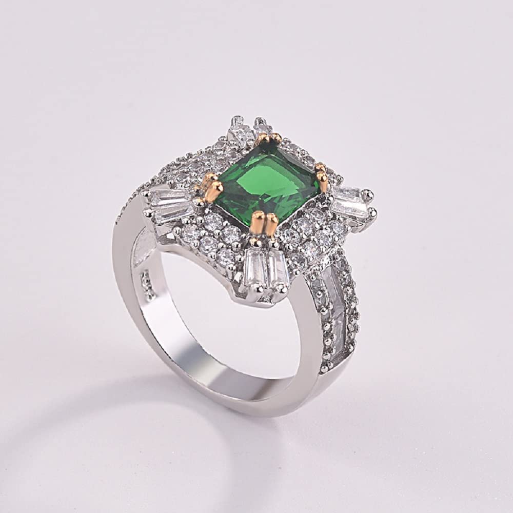 925 Sterling Silver Ladies Emerald Zircon Square Princess Ring Cocktail Ring Square Cut Green Gemstone Cubic Zirconia Anniversary Commitment Ring CZ Eternity Engagement Wedding Ring Women's 566 (9)