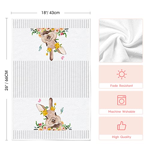 Artoid Mode Stripes Beige Bunny Rabbit Eggs Easter Kitchen Towels Dish Towels, 18x26 Inch Seasonal Spring Flowers Leaves Holiday Decoration Hand Towels Set of 2