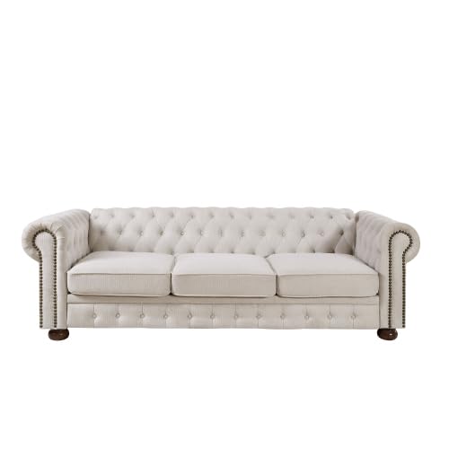 LUMISOL 3 Seater Couch for Living Room, Modern Upholstered Tufted Couch with Nailhead Trim & Wood Legs, Chesterfield Sofa with Rolled Arms