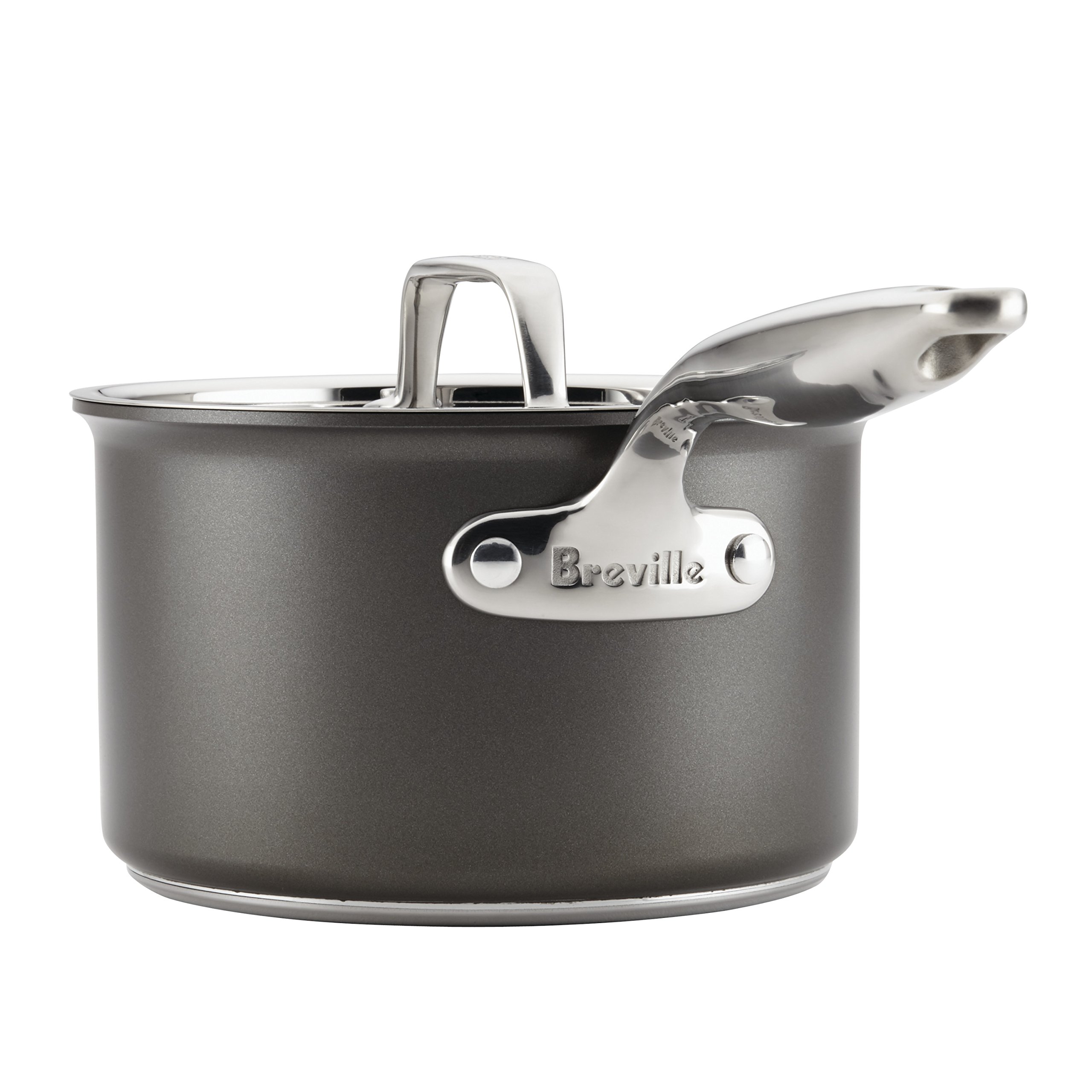 Breville Thermal Pro Hard Anodized Nonstick Sauce Pan/Saucepan with Lid, 3 Quart, Gray