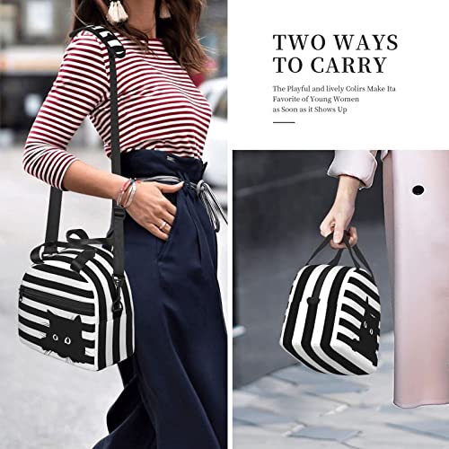 Cute Cat Black And White Striped Background Lunch Bag Funny Animal Kitten Reusable Insulated Lunch Tote Bag Lunchbox Container With Adjustable Shoulder Strap For Office Work School Picnic Travel
