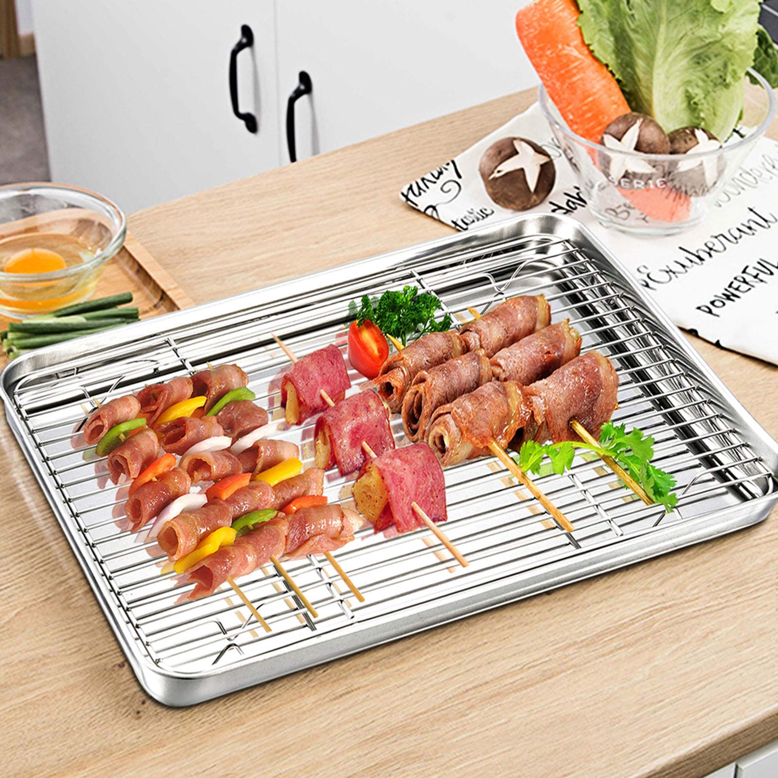 Baking Sheet with Rack Set, E-far Stainless Steel Baking Pans Tray Cookie Sheet with Cooling Rack, 16 x 12 x 1 inch, Non Toxic & Healthy, Rust Free & Dishwasher Safe - 4 Pieces (2 Sheets + 2 Racks)
