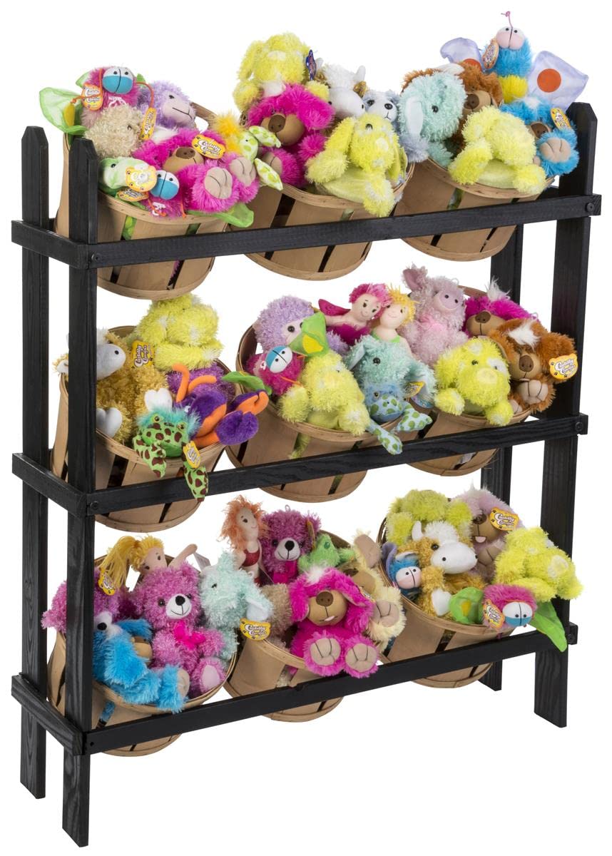 Displays2go Rustic Wooden Merchandising Rack, Three Levels, Nine Baskets - Black Frame (PN9BKTBLK)