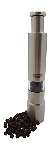 Avryware Stainless Steel Refillable Spice Grinder Mill For Salt, Pepper, and Seasoning - Thumb Operated Push Button For One Hand Grinding