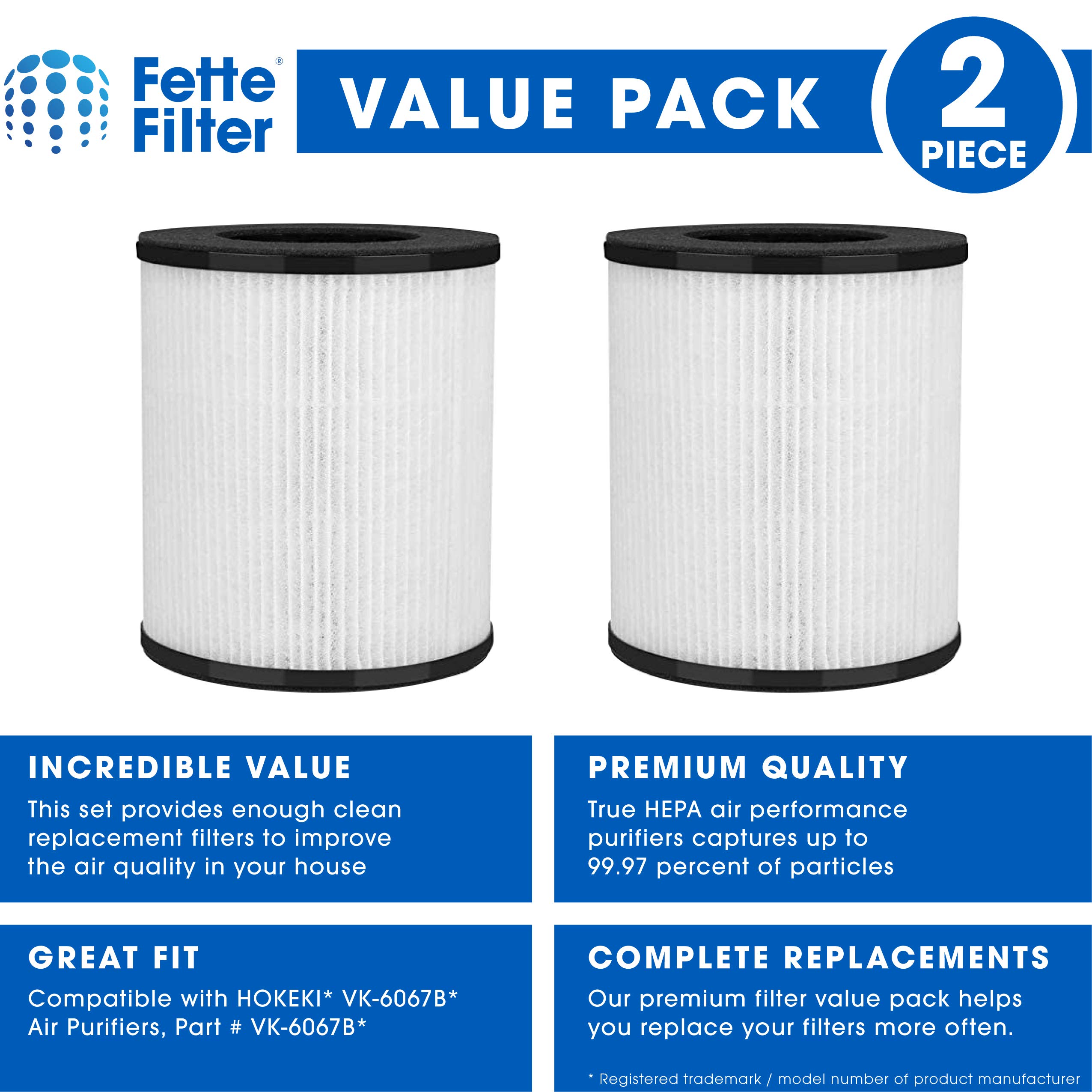 Fette Filter - VK-6067B H13 True HEPA Filters Compatible with HOKEKI VK-6067B & Vremi True Hepa Air Purifiers H13 with Activated Carbon- Pack of 2 (VK6067B)