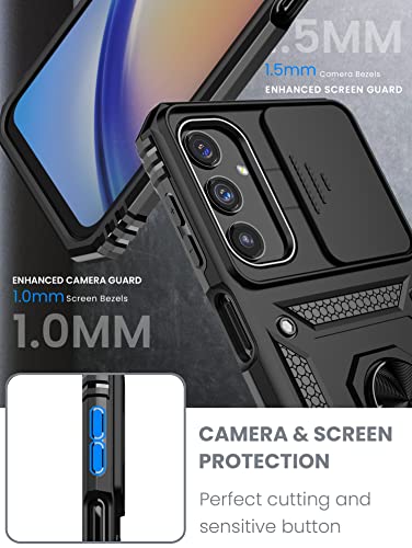 Dretal for Samsung A24 4G Case, Galaxy A24 5G Case with Slide Camera Cover + [2PCS] Tempered Glass Screen Protector, Military Grade Shockproof Protective Cover Built Finger Ring Kickstand (Black)