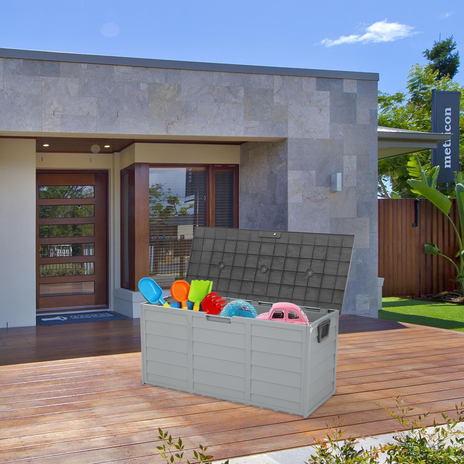 TBMAQ All Weather Pool Deck Box Storage Shed Backyard Patio Outdoor w/Wheel
