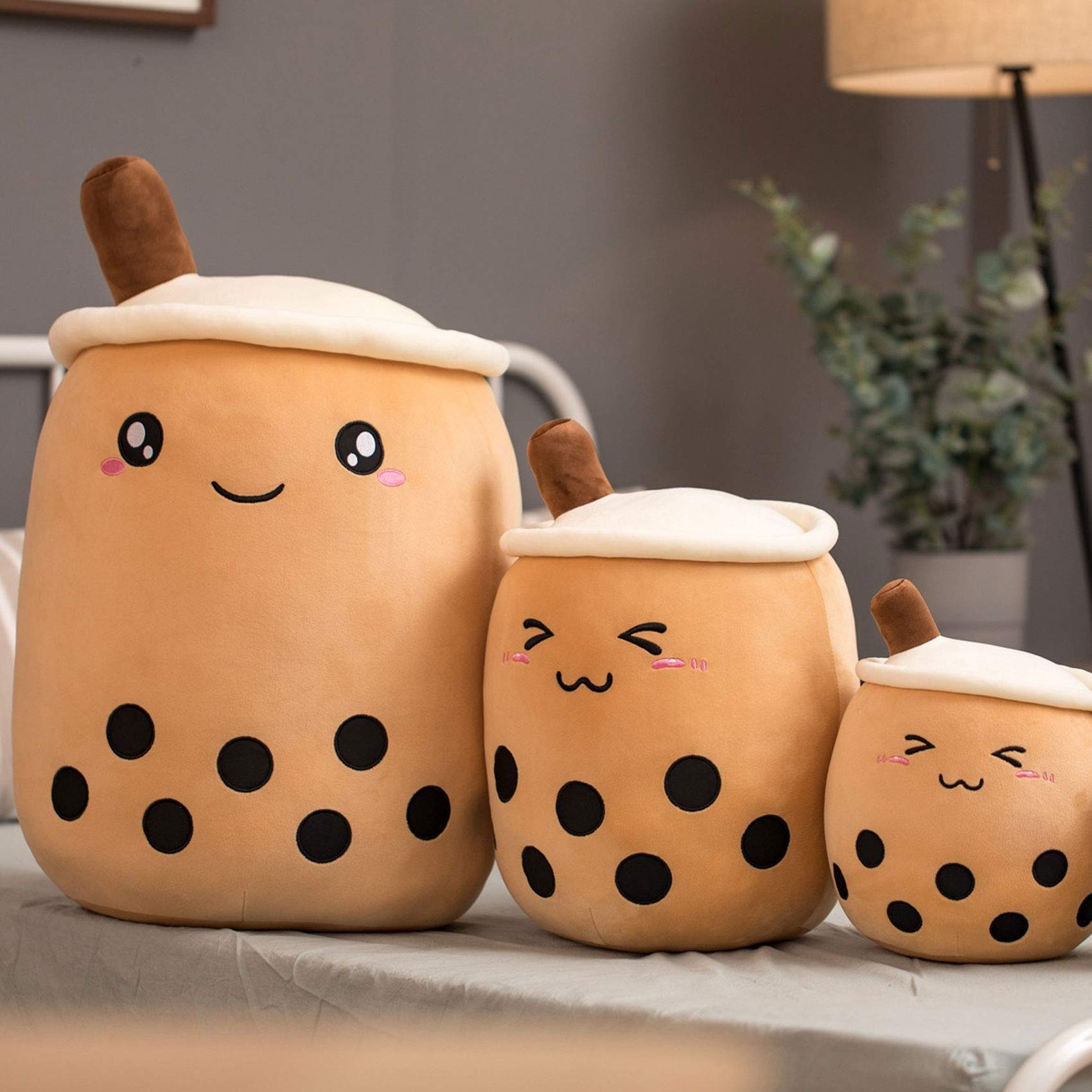 Cartoon Tea Plush Pillow,Plush Boba Figurine Toy,24/35 cm Cute Bubble Tea Cup Shaped Pillow with Suction Tubes (Pink, Large)