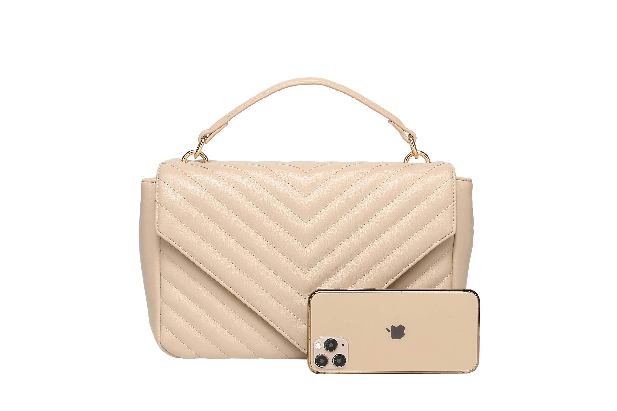 Daisy Rose Quilted Chevron Shoulder Cross Body Bag with Top Handle, PU Vegan Leather - Beige