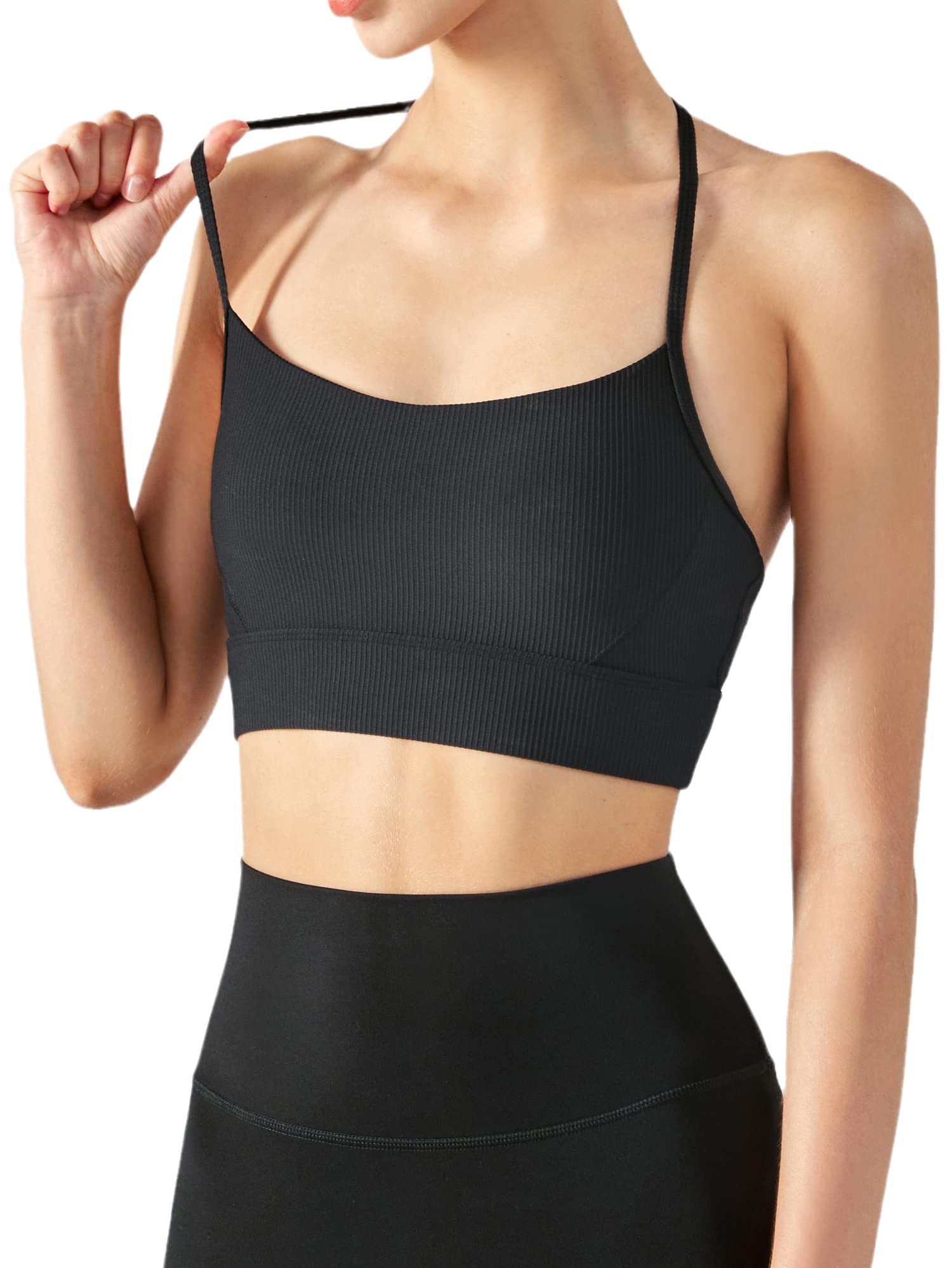 Abonlen Sports Bras for Women Ribbed Padded T Racerback Bras Yoga Workout Crop Tank Top (as1, Alpha, m, Regular, Regular, Black, Medium)