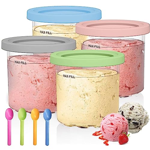 BBAUER Ice Cream Containers 4 Pack for Ninja Creami Pint Containers,16oz Cup Compatible with NC301 NC300 NC299AMZ Series Ice Cream Maker,with 4 PC Spoons,Leak Proof,Pink/Green/Grey/Blue