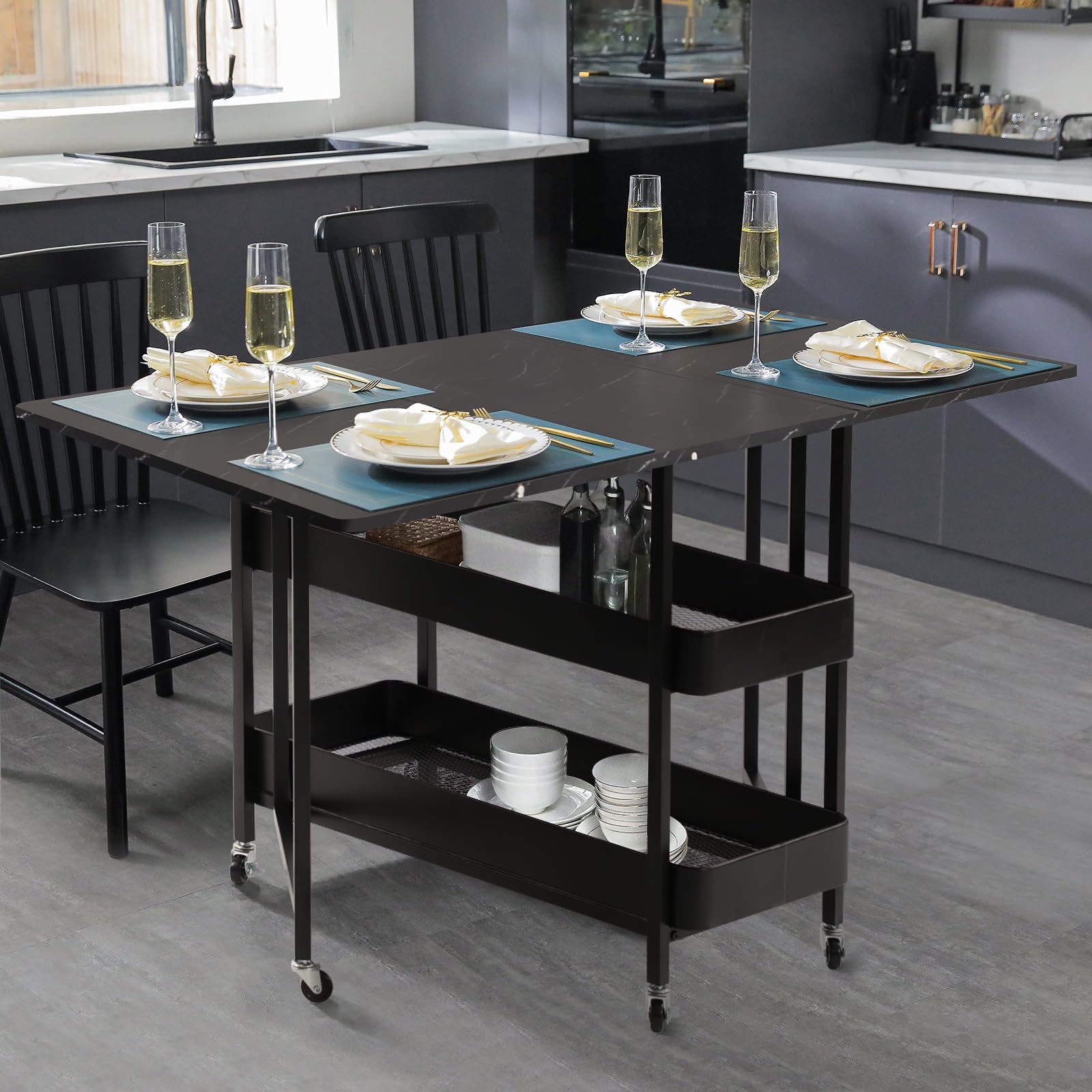 ADOFFUR Folding Dining Table, Foldable Kitchen Table with Storage, Space Saving Extendable Folding Dinner Table with 6 Wheels for Kitchen, Small Spaces, Living Room - Black