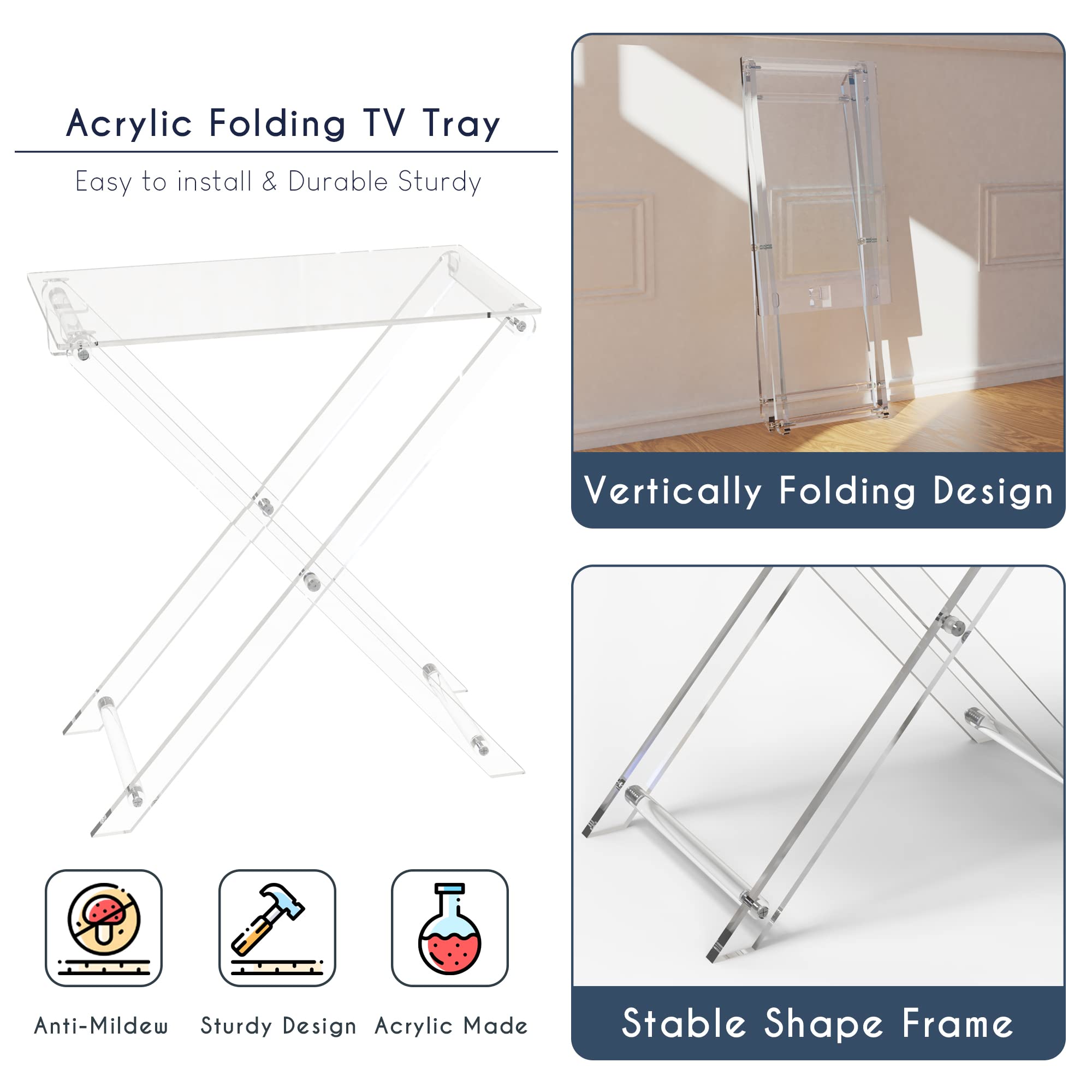 CRYSFLOA TV Tray with 2 Removable Trays Acrylic Folding Tray Table Two Tier Serving Tray Top Foldable Nightstand for Bedroom Kitchen Acrylic Modern Furniture Space Saving Side Table Serving Food Trays