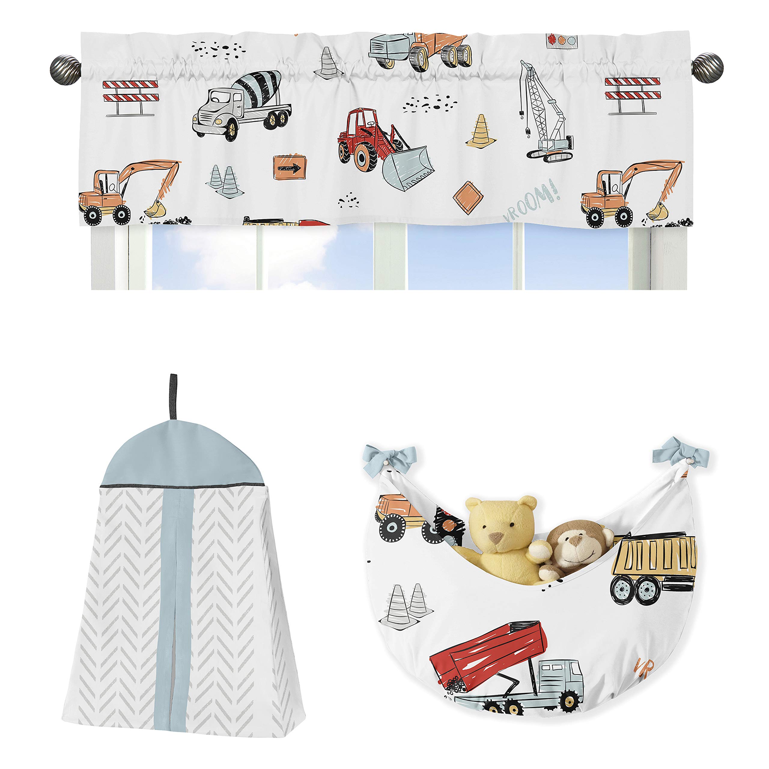 Sweet Jojo Designs Construction Truck Baby Boy Nursery Crib Bedding Set - 11 Pieces - Grey Yellow Orange Red and Blue Transportation Chevron Arrow
