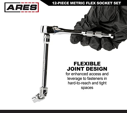 ARES 39009-12-Piece 1/4-Inch Drive Metric Flex Socket Set - 6 Point Sockets Constructed From Premium Heat Treated Chrome Vanadium Steel - Storage Rail Included