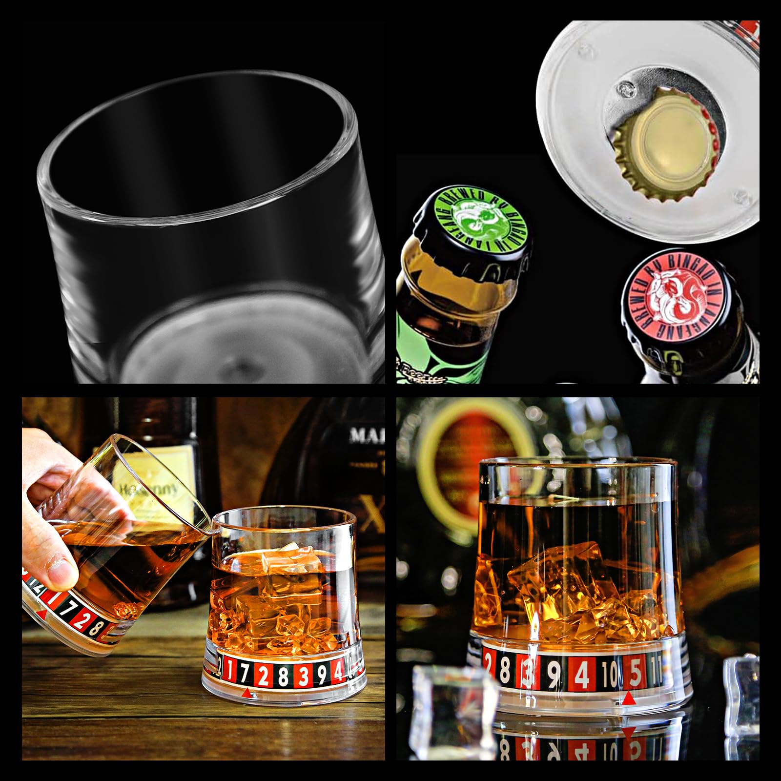 Acrylic Wine Glasses, 5 oz Clear Roulette Shot Spinning Whiskey Glasses, with Beer Bottle Opener, Plastic Reusable Drinking Glasses, Unique Gift for Men Husband Father(S)