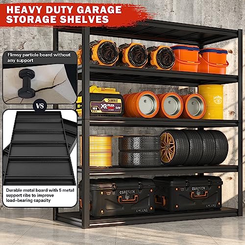REIBII 48" Wide Garage Shelving Heavy Duty 72"H Garage Storage Shelves 2750LBS Heavy Duty Shelving Adjustable 5 Tier Metal Shelving for Garage Storage Shelving Industrial Shelving Storage Rack, Black