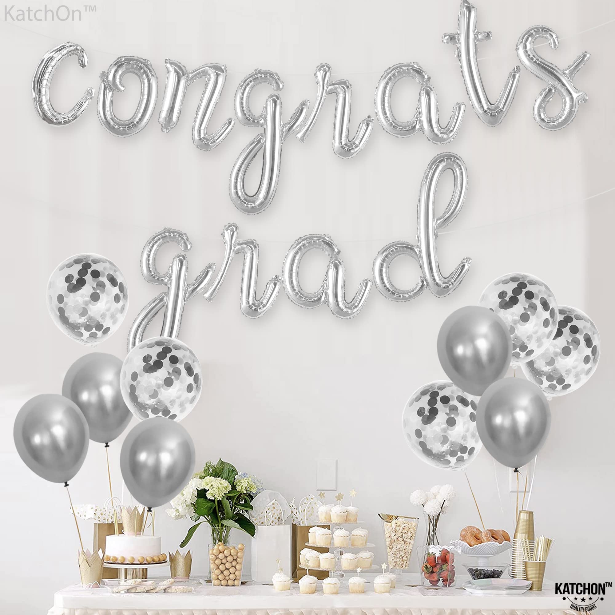 KatchOn, Silver Congrats Grad Balloons - Script, 16 Inch | Congratulations Balloons for Graduation Decorations Class of 2024 | 2024 Graduation Balloons, Graduation Balloons Class of 2024 Decorations