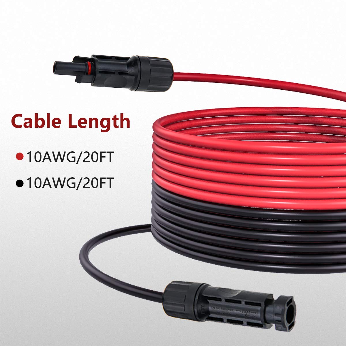 Ancable 20-Feet Solar Extension Cable, 1-Pair 10AWG Solar Panel Cable Wire with Male and Female Weatherproof Connector (20ft Red + 20ft Black)