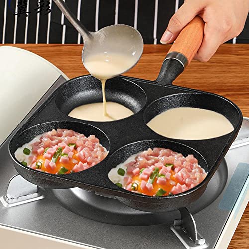 awrduol Uncoated 4 Cup Egg Frying Pan Thickened Egg Cooker Omelet Pan, Healthy Cast Iron Pancake Cooker for Breakfast, Gas Stove & Induction Compatible