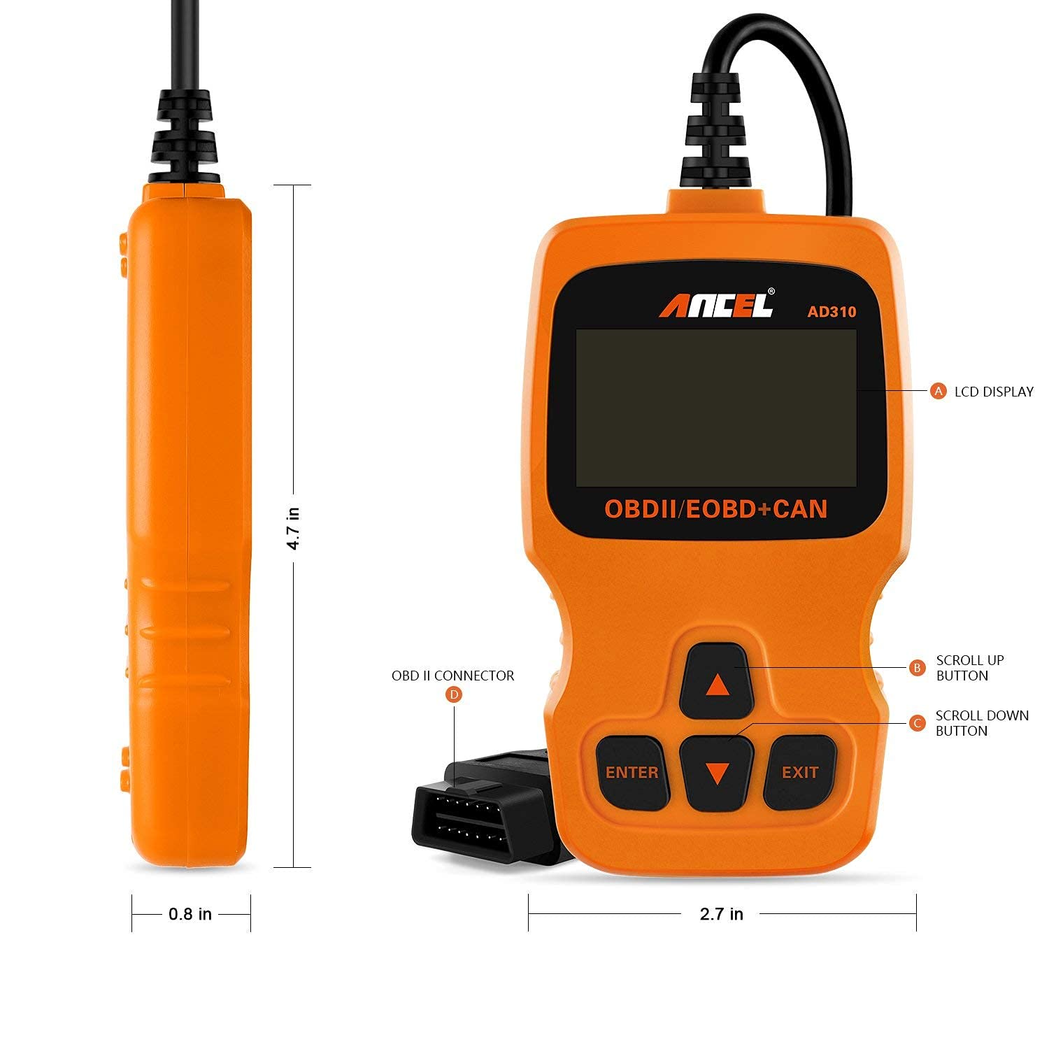 ANCEL AD310 Orange Classic Enhanced Universal OBD II Scanner Car Engine Fault Code Reader with ANCEL Protective Case Storage Bag