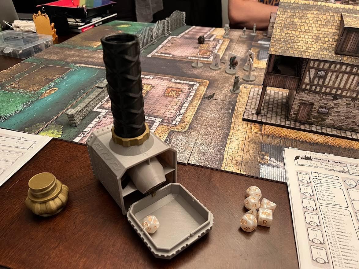 MunnyGrubbers - Hammer Dice Tower - (Random 7PCS D20 Dice Set Included) - Dice Holder - Dice Roller - Tabletop RPG Accessory - Dungeons and Dragons - DND - D&D - (Silver)