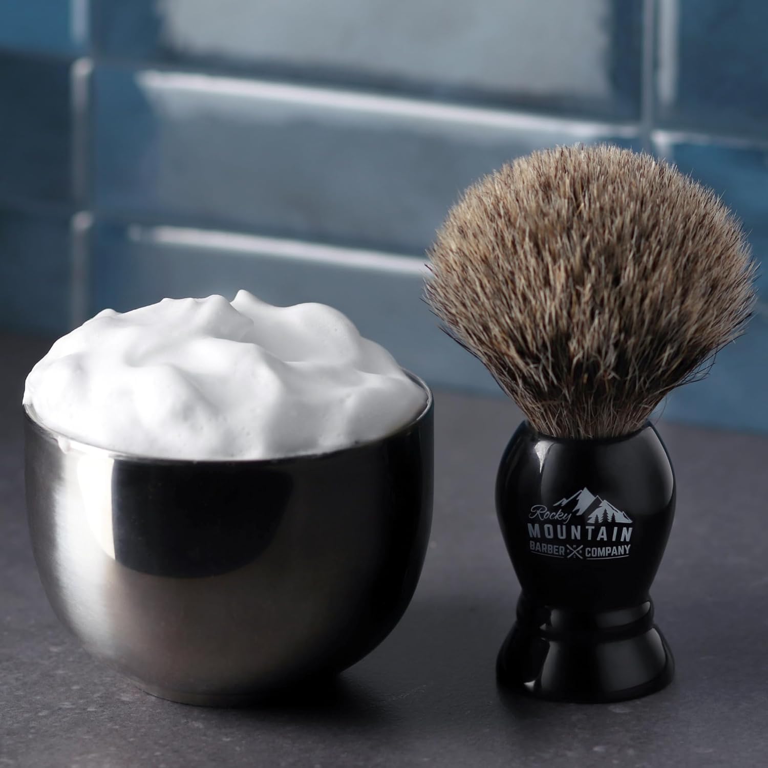Shaving Brush with Stand - Rocky Mountain Barber Pure 100% Best Badger Hair Barber Grade with Black Heavy Duty All-Resin Handle and Oversized Bristle Head For Better Shaving Cream Lather