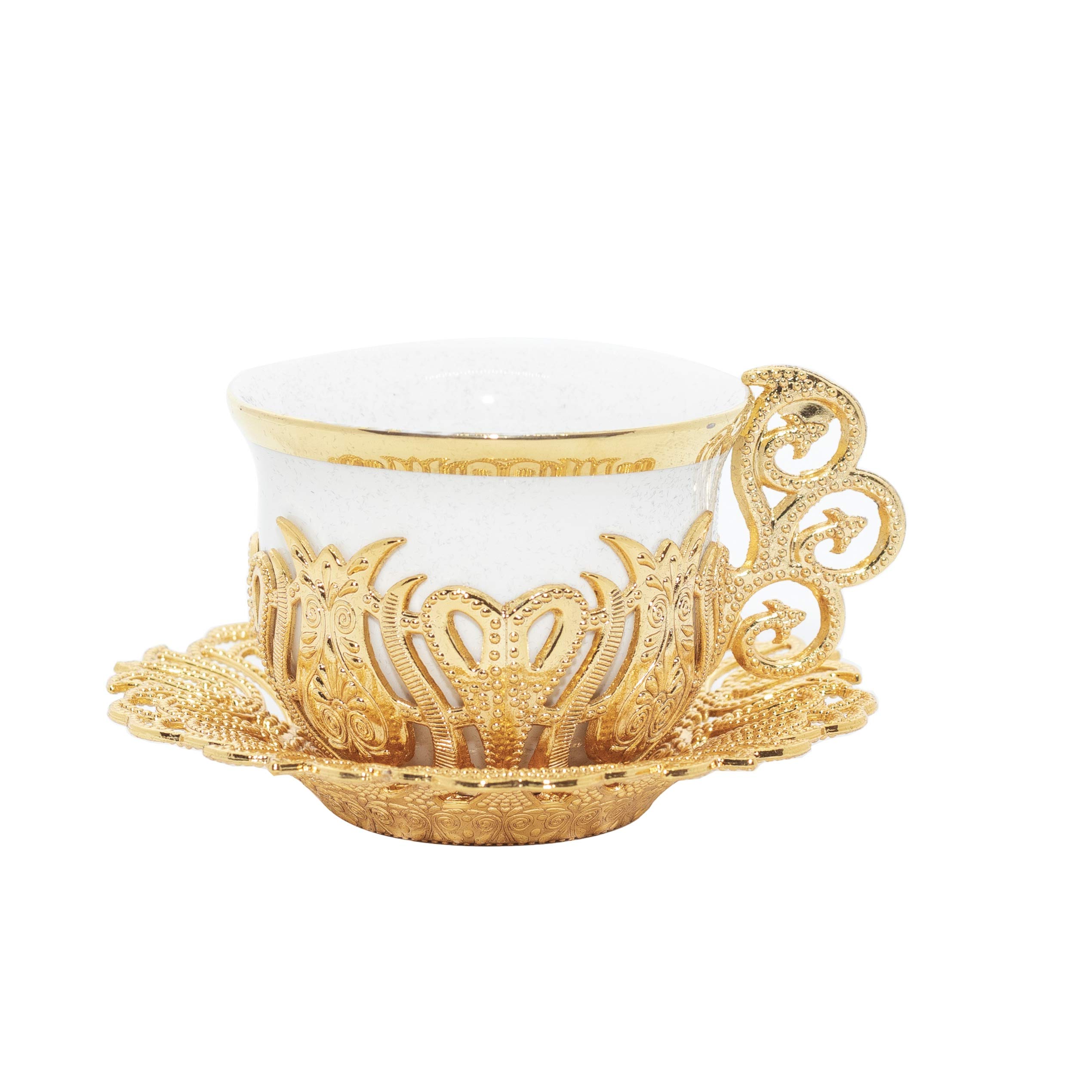 Alisveristime Turkish Coffee Cup Set, White Porcelain and Zinc Metal with Turkish Motifs, 6 Cups and Saucers (Gold)