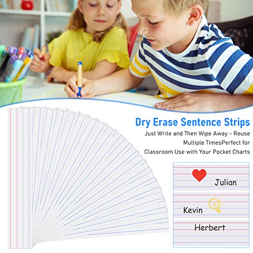 Dry Erase Sentence Strips for Teacher Ruled Sentence Strips Word Writing Strips 16 x 3 Inches White Sentence Strips for Kids Toddlers Students Classroom Supplies (100 Sheet)