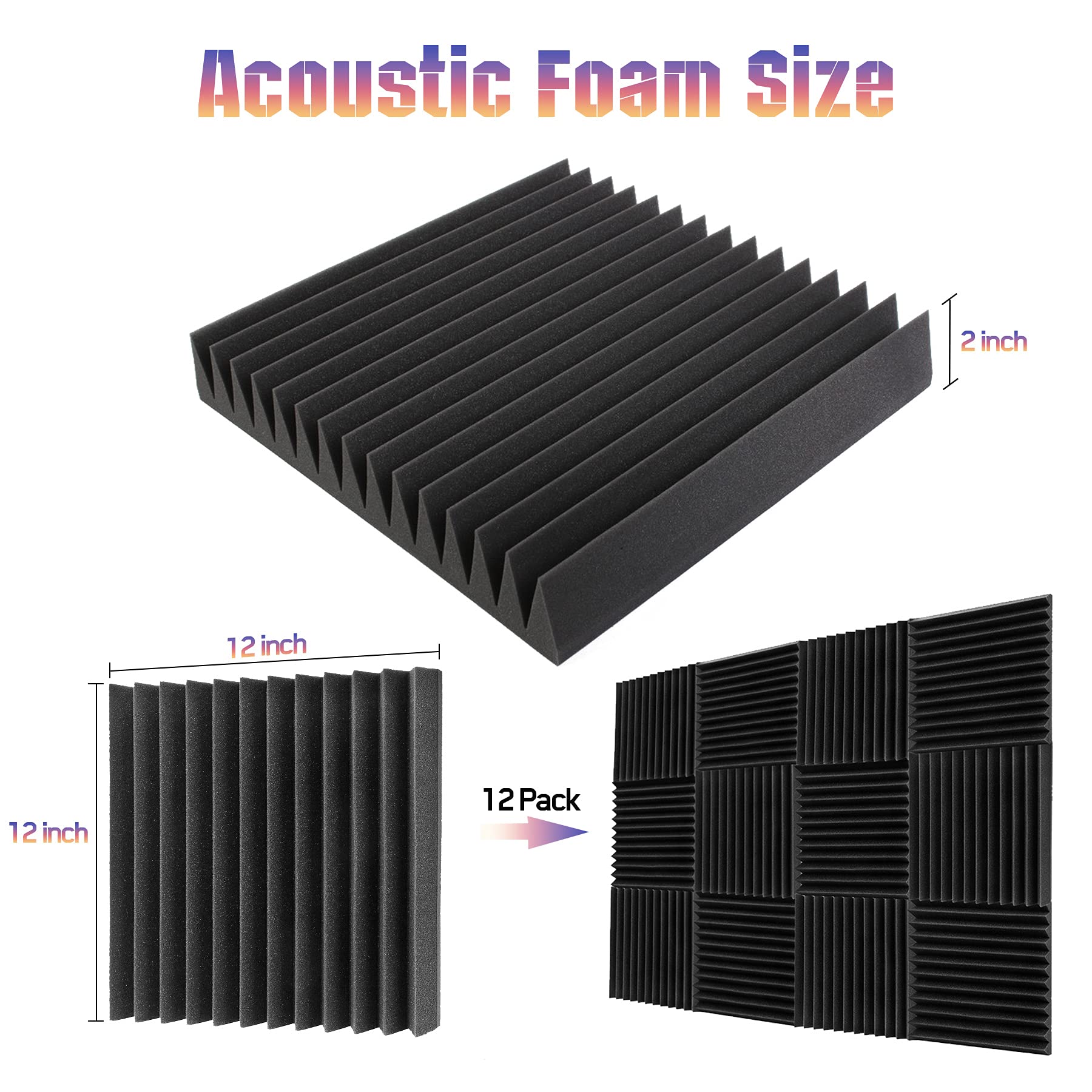 Acoustic Foam Panels 12 Pack 2βx12βx12β Sound Proof Padding Soundproofing Studio Foam Wedges (12 Square Feet)