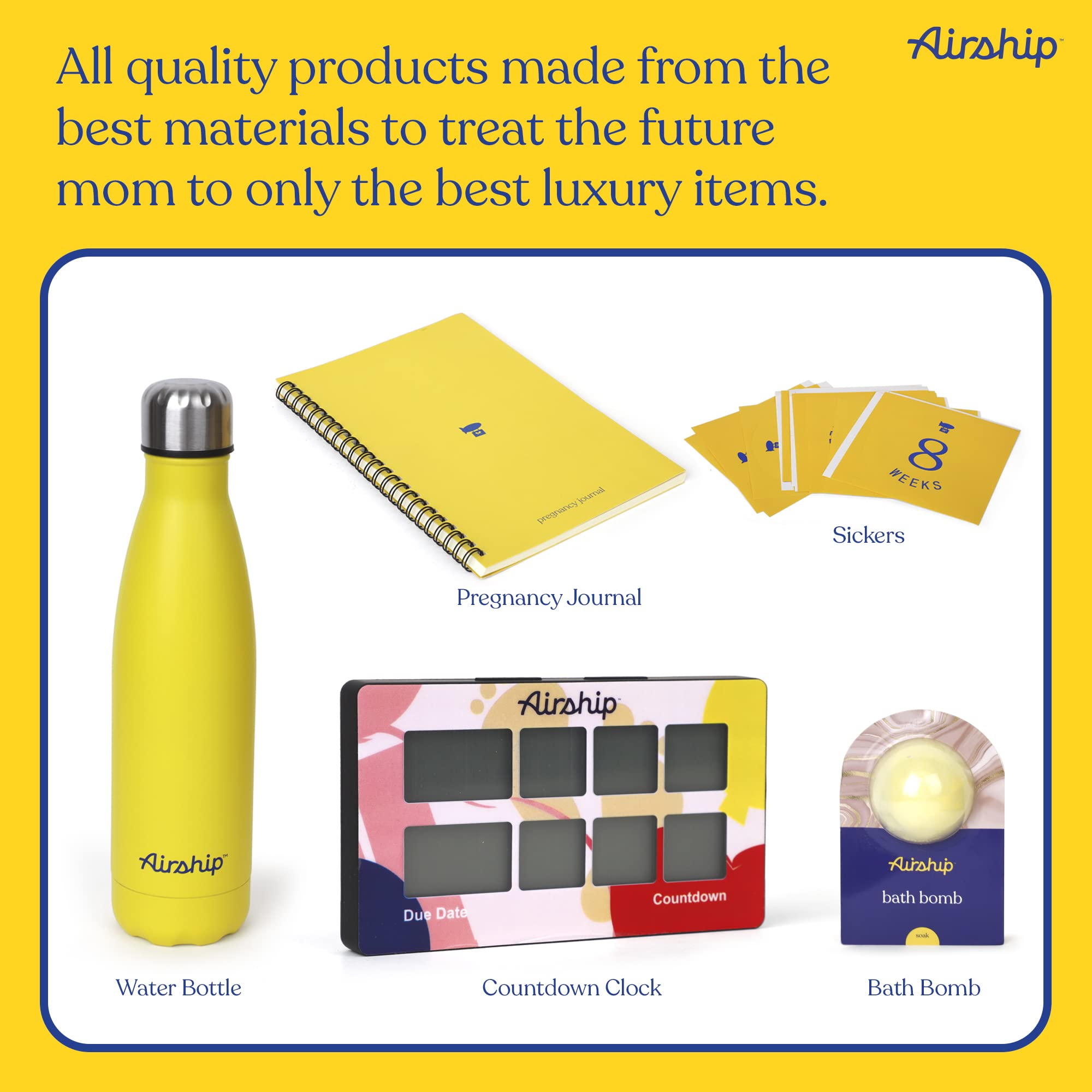 Airship Pregnancy Gift Box - Pregnancy Must Haves for Expecting Moms - Essentials Kit with Bath Bomb, 12โ Water Bottle, 12 Stickers, Countdown Time Clock, Journal Book - Self Care Baby Shower Gifts