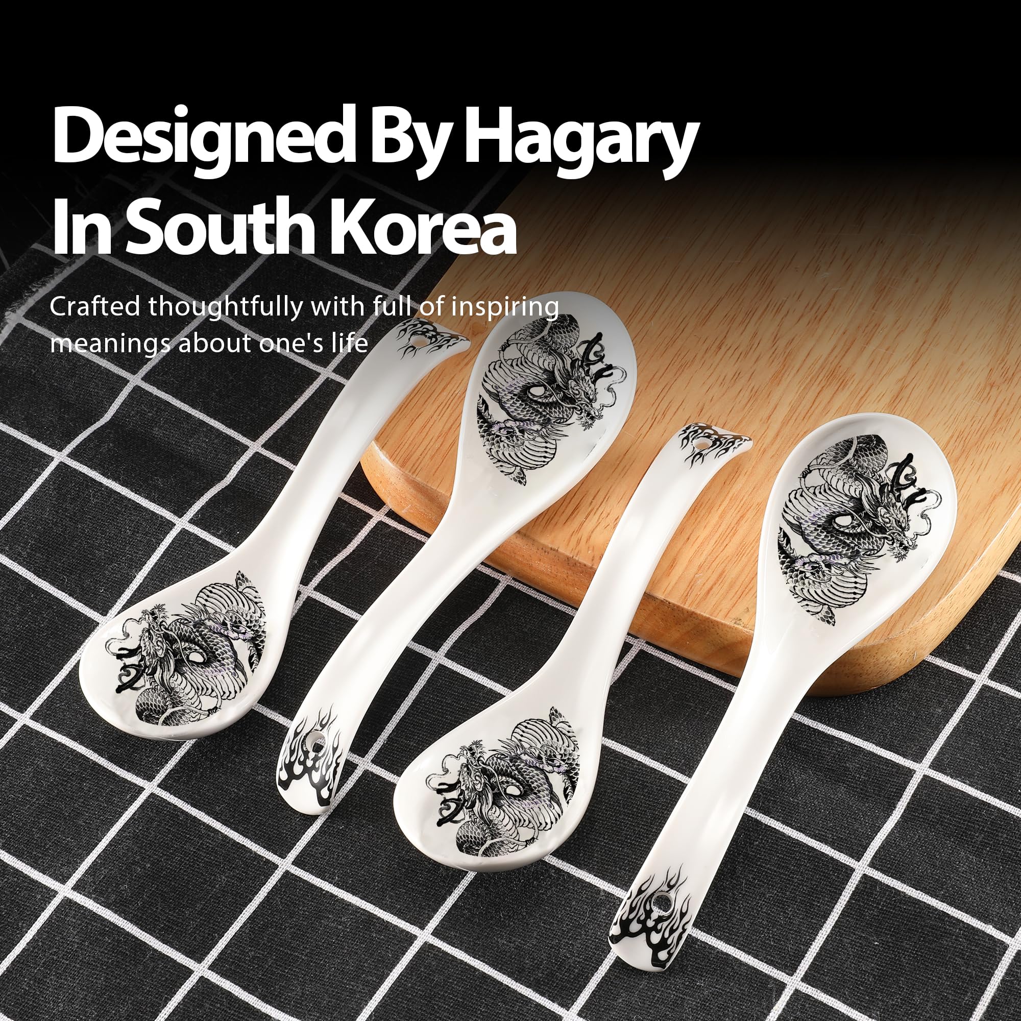 Dragon Ceramic Spoon Soup Spoons Asian Soup Spoon Chinese Korean Japanese Ramen Pho Miso Spoons Set of 4 with Hole 6.2 Inch