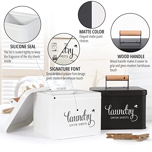Dryer Sheets Holder Modern Farmhouse Dryer Sheet Dispenser Container with Lid, Metal Dryer Sheet Box, Fabric Softener Dispenser, Storage Box, Lint Bin for Laundry Room decoration (Matte Black)