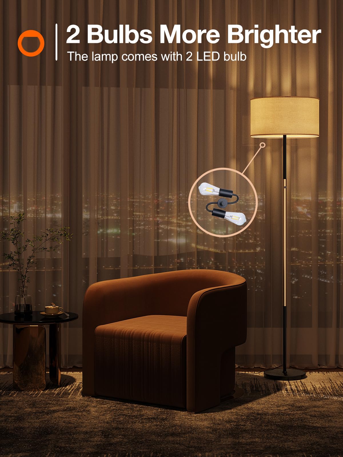 addlon Floor Lamps for Living Room, dimmable Floor lamp with 2 LED Bulbs, Super Large lampshade Modern Standing lamp, Bright Tall Floor lamp for Bedroom and Office (Adjustable Brightness) - Black