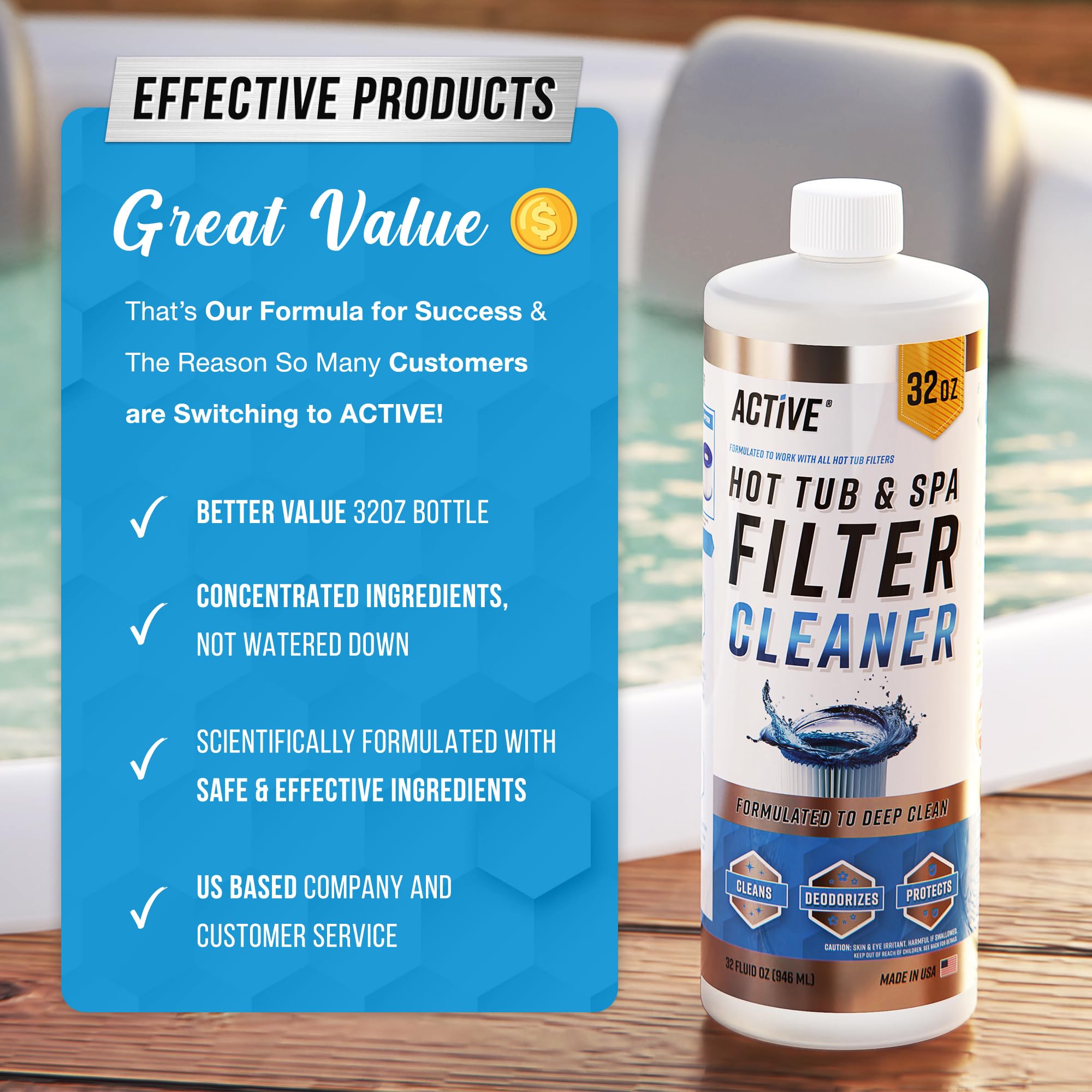 ACTIVE Spa Hot Tub Filter Cleaner - 32oz (2-4 Uses) Cleaning Soaking Solution, Hot Tubs & Pool Cartridge Cleaner, Natural Power Degreaser to Revive & Prolong O-Filters Life Time - Made in USA