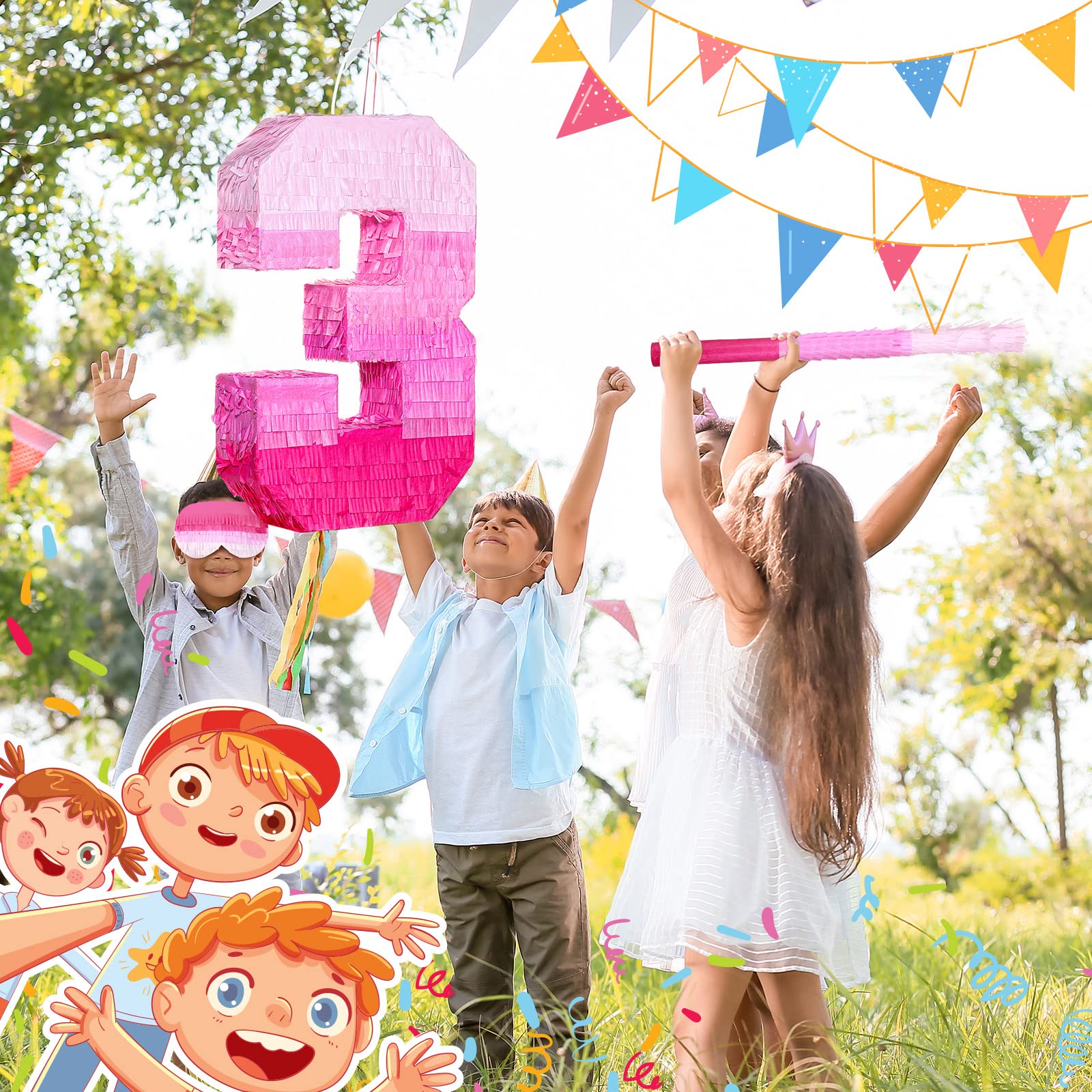 Number piñata Number Birthday piñata Decorations Gradient Pink piñata with Stick Blindfold Confetti for Girls Boys Birthday Anniversary Party Decorations Supplies (Number 3)
