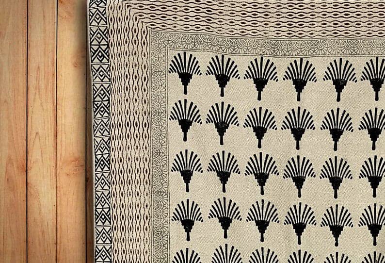 Hand Printed Block Print Rug Flatweave Area Rug Boho Rug Cotton Rug (4' x 6') Black&cream