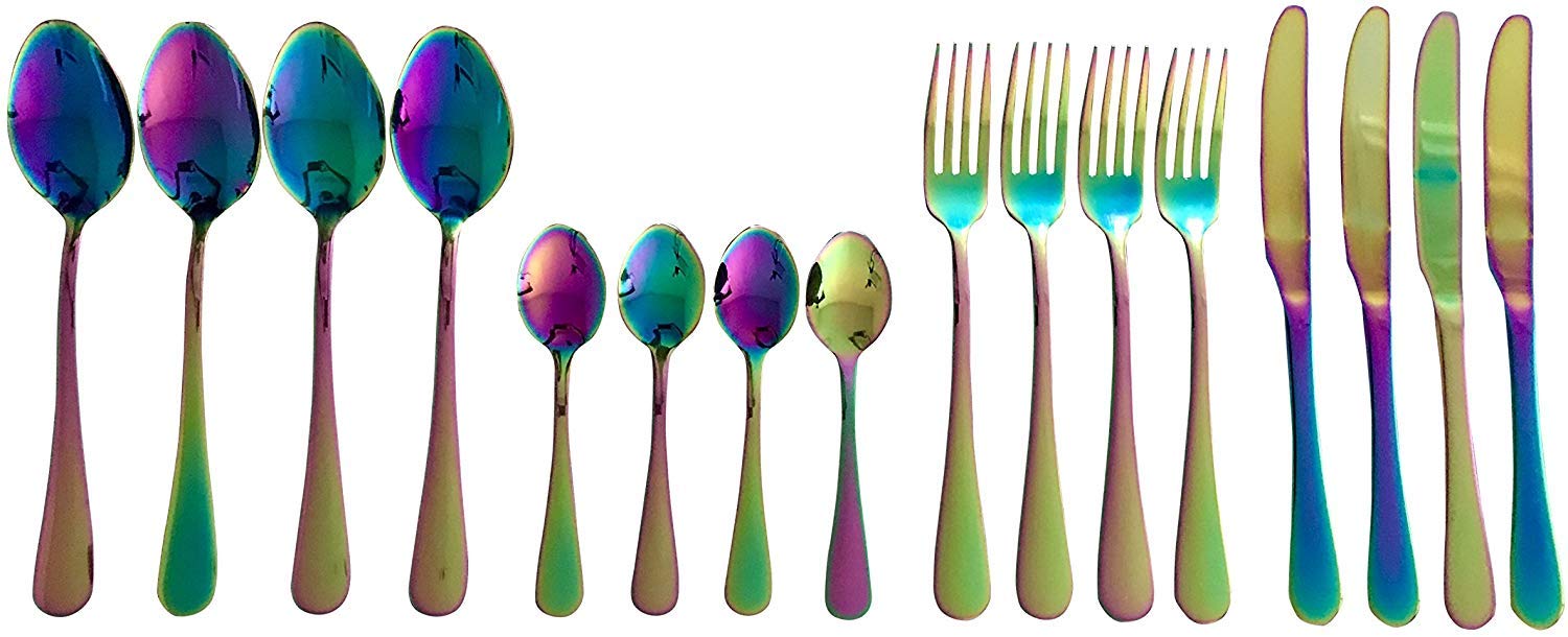 Lightahead 16pcs Rainbow colored Iridescent Stainless Steel Flatware Tableware Cutlery Set in attractive Black Gift Box (Multicolored)