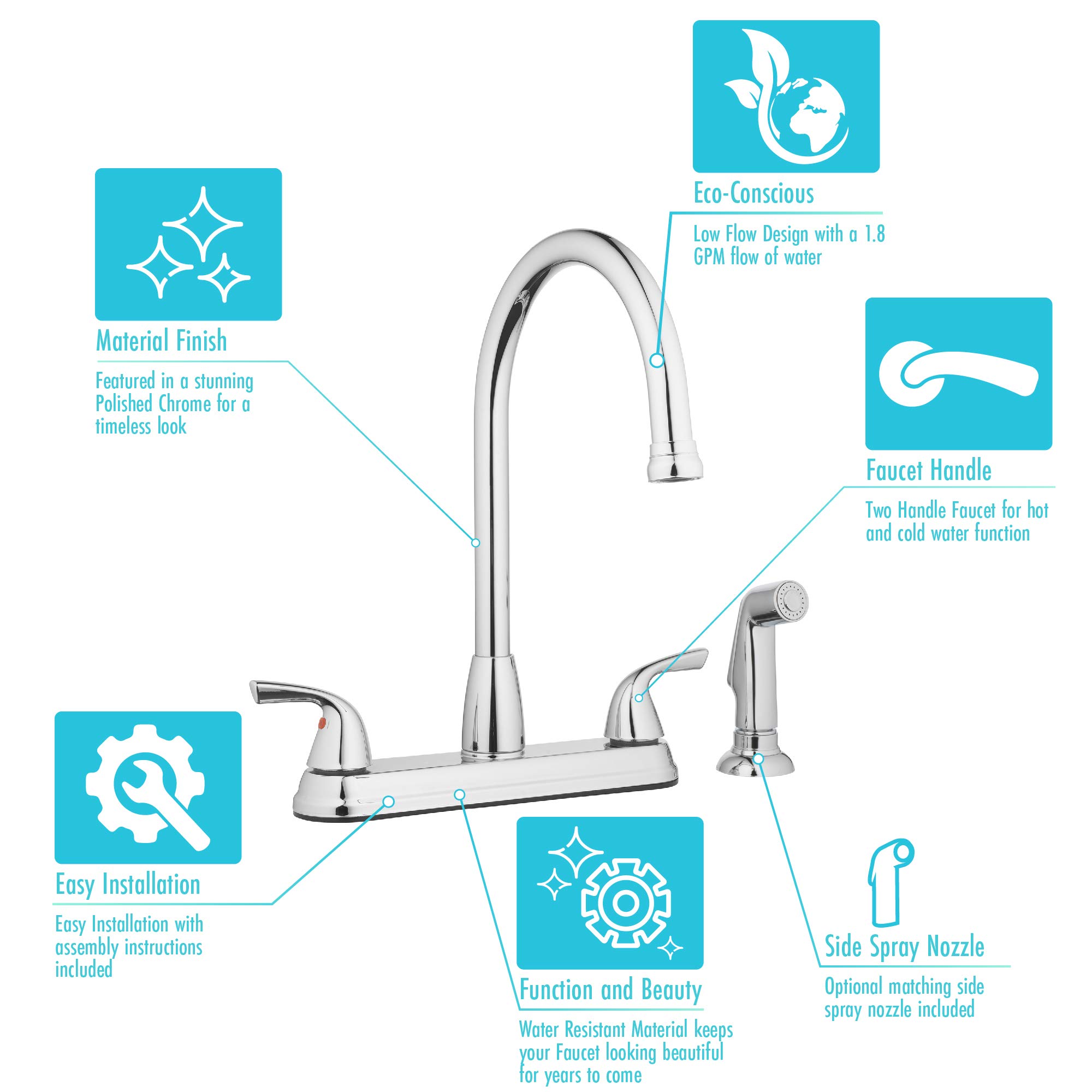 Aqua Vista 21-K822-AVD Kitchen Sink Faucet with Side Spray, Polished Chrome High Arc