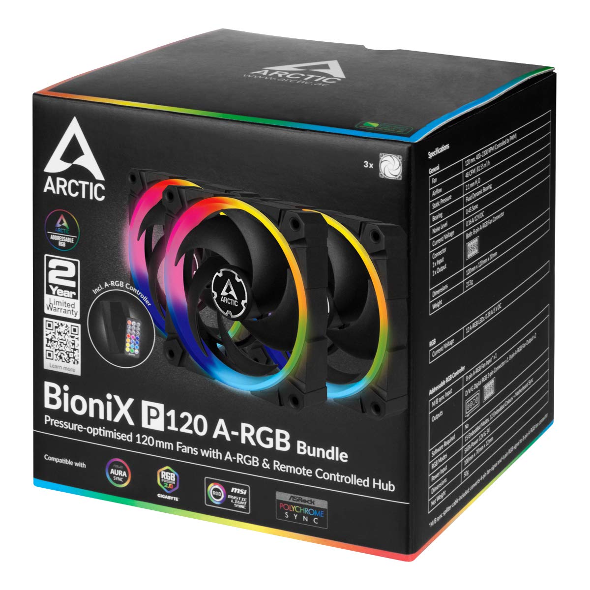 ARCTIC BioniX P120 A-RGB (3 Pack, incl. A-RGB Controller) - 120 mm Pressure-Optimised Fan with A-RGB, PWM, Cooler, Fluid Dynamic Bearing, 400-2300 RPM - Black