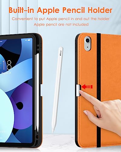 DTTO iPad Air 5th Generation Case (2022) / iPad Air 4th Generation Case (2020) 10.9 Inch, Premium Leather Business Folio Stand Cover with Pencil Holder [2nd Pencil Charging] for iPad Air 5/4, Orange
