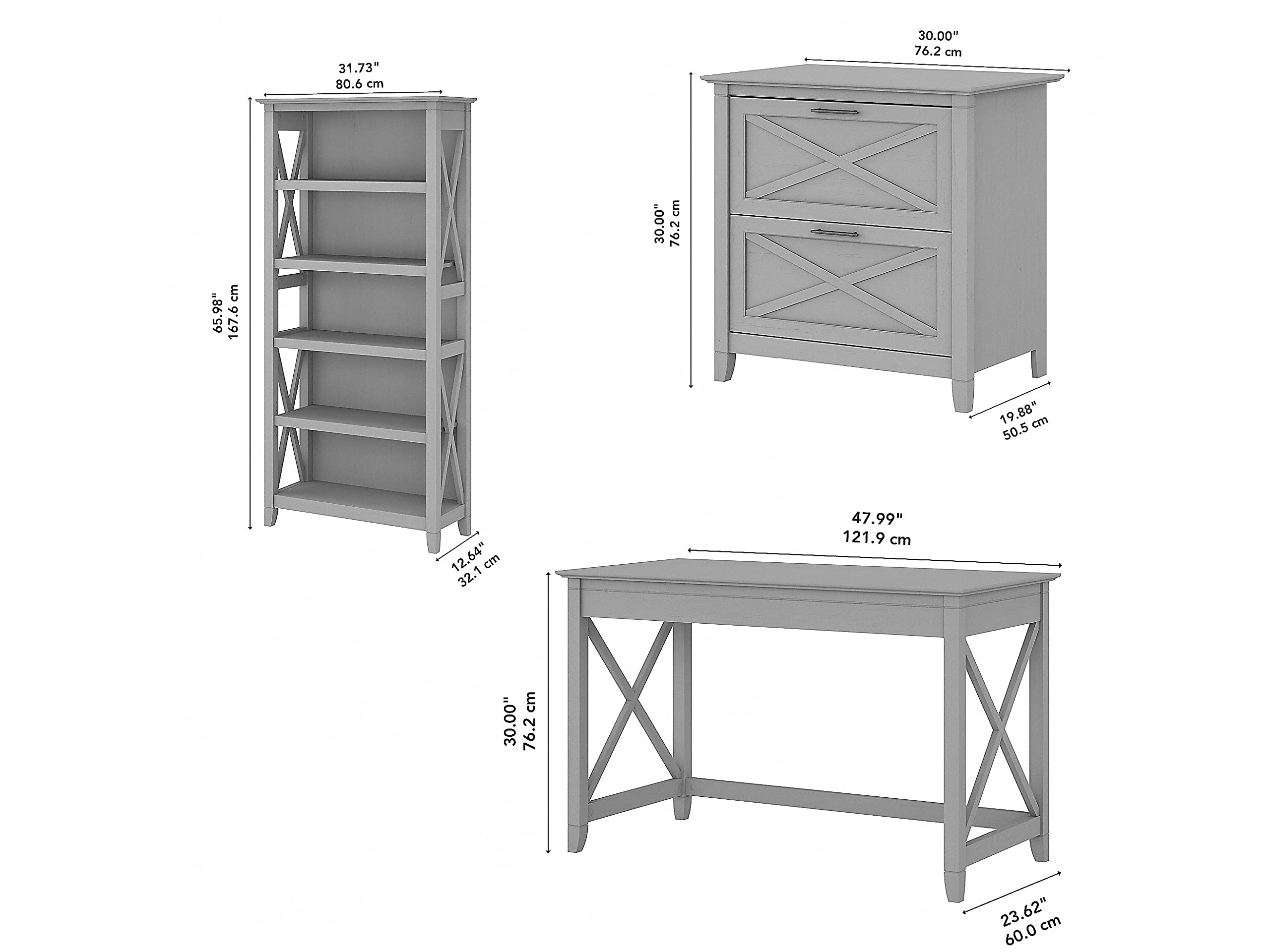 Bush Furniture Key West 48W Writing Desk with 2 Drawer Lateral File Cabinet and 5 Shelf Bookcase in Cape Cod Gray