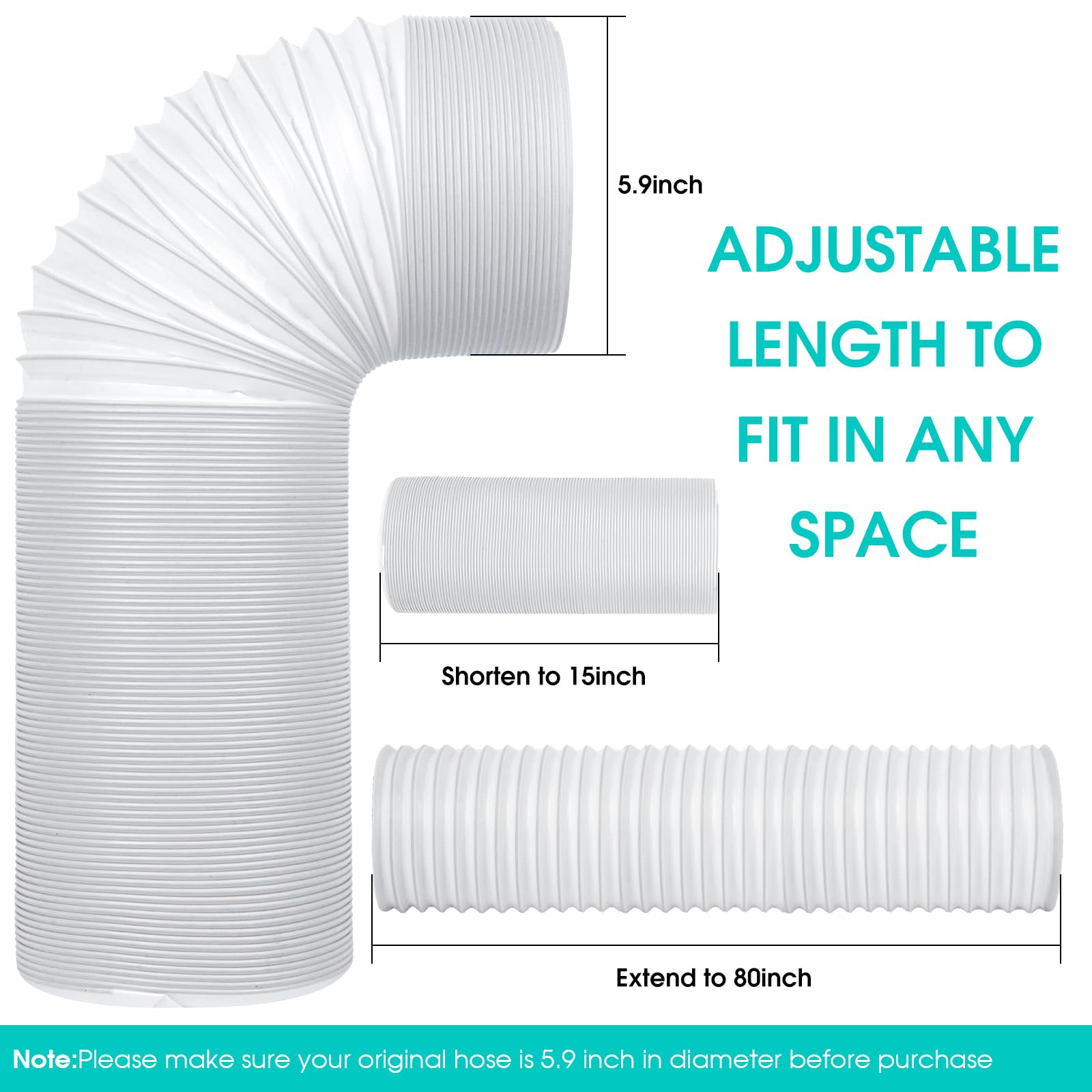 Airwhirl 5.9 Inch Air Conditioner Exhaust Hose, AC Hose with Anti-Clockwise Thread, Length up to 80", Universal Replacement AC Vent Hose Compatible with Many Portable AC