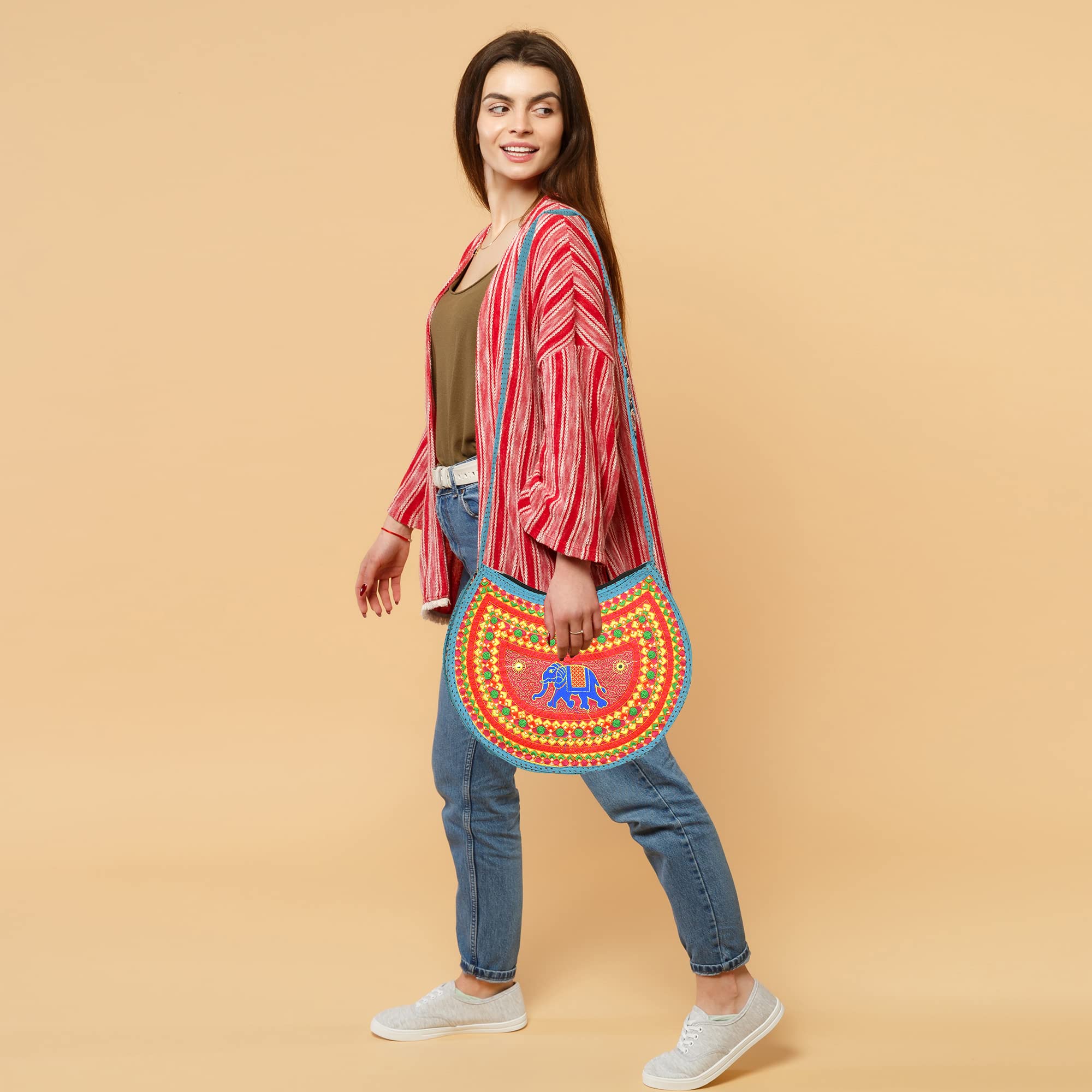 North Creed Crossbody Elephant Flora Embroidery Shoulder Bag, Indian Ethnic Travel Handbag with Zipper Pocket- Blue