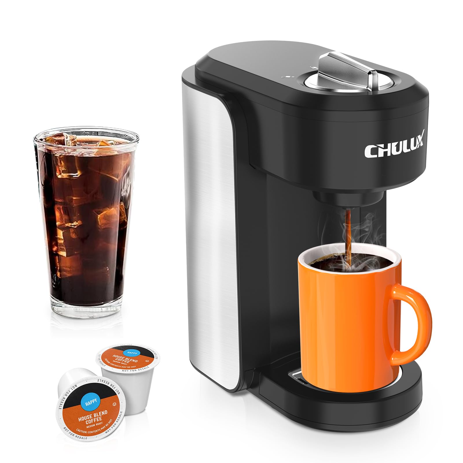 CHULUX 1000W Compact Single Serve Coffee Maker, Instant One Cup Coffee Pod Maker for K Cup & Ground Coffee, Stainless Steel Capsule Coffee Machine, 90s Fast Brewing