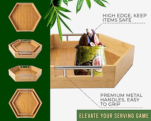 Comfify Honeycomb Serving Trays with Handles – Set of 2 Bamboo Hexagon Nesting Trays – Large, and Small Trays Set for Food, Ottoman Décor & More – Modern Trays for Breakfast -Natural