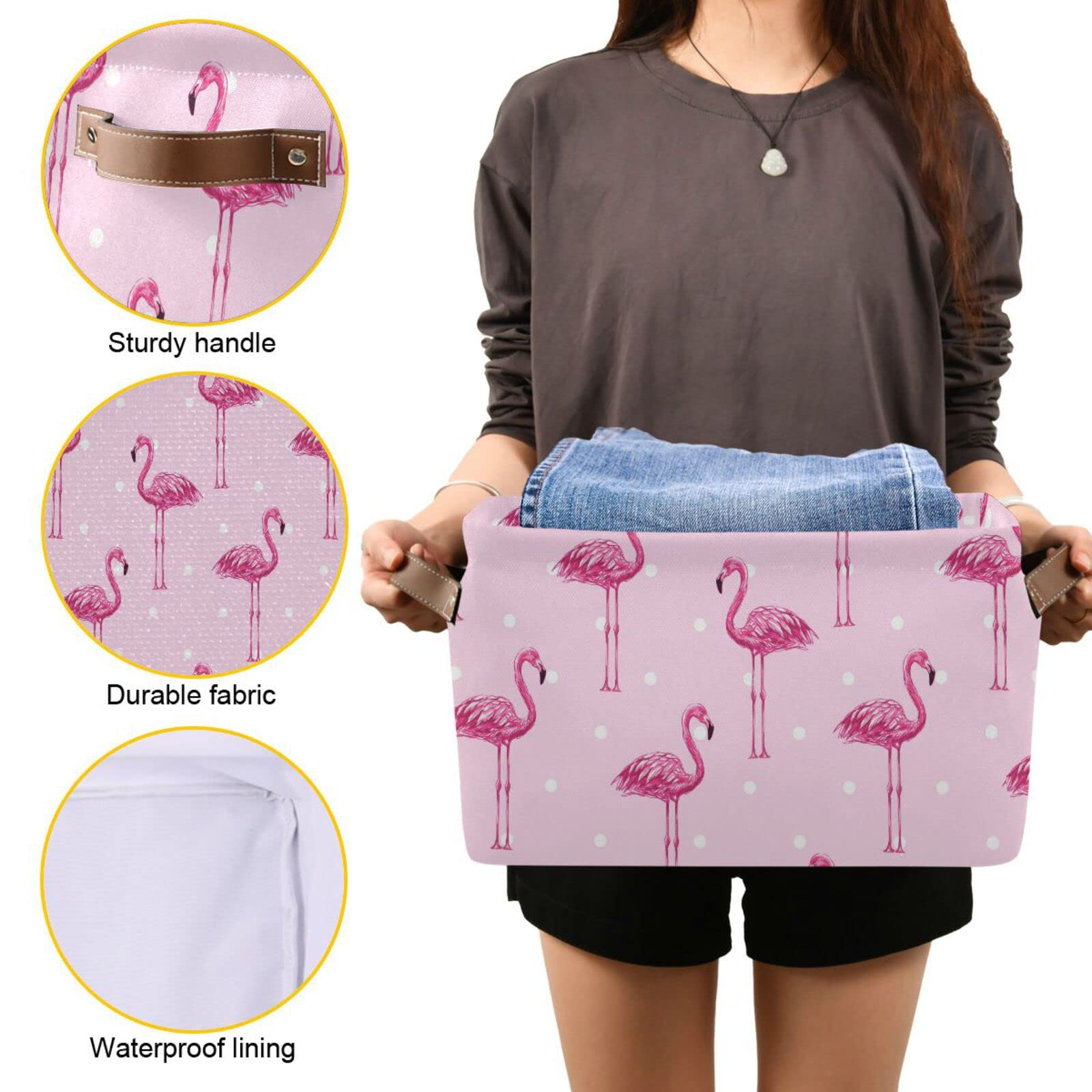 ALAZA White Polka Dot Flamingo Bird Pink Foldable Storage Box Storage Basket Organizer Bins with Handles for Shelf Closet Living Room Bedroom Home Office 1 Pack
