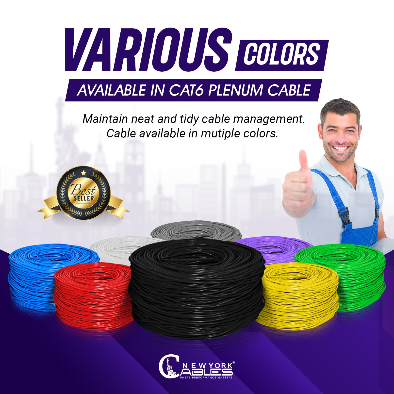 NewYork Cables | CAT6 Plenum Cable 1000ft (CMP) | UTP, 550MHz, 23AWG, 4Pair UTP 10GB Internet Cable | Quality Tested Bulk Ethernet Cable for Networking & Gaming (Black)